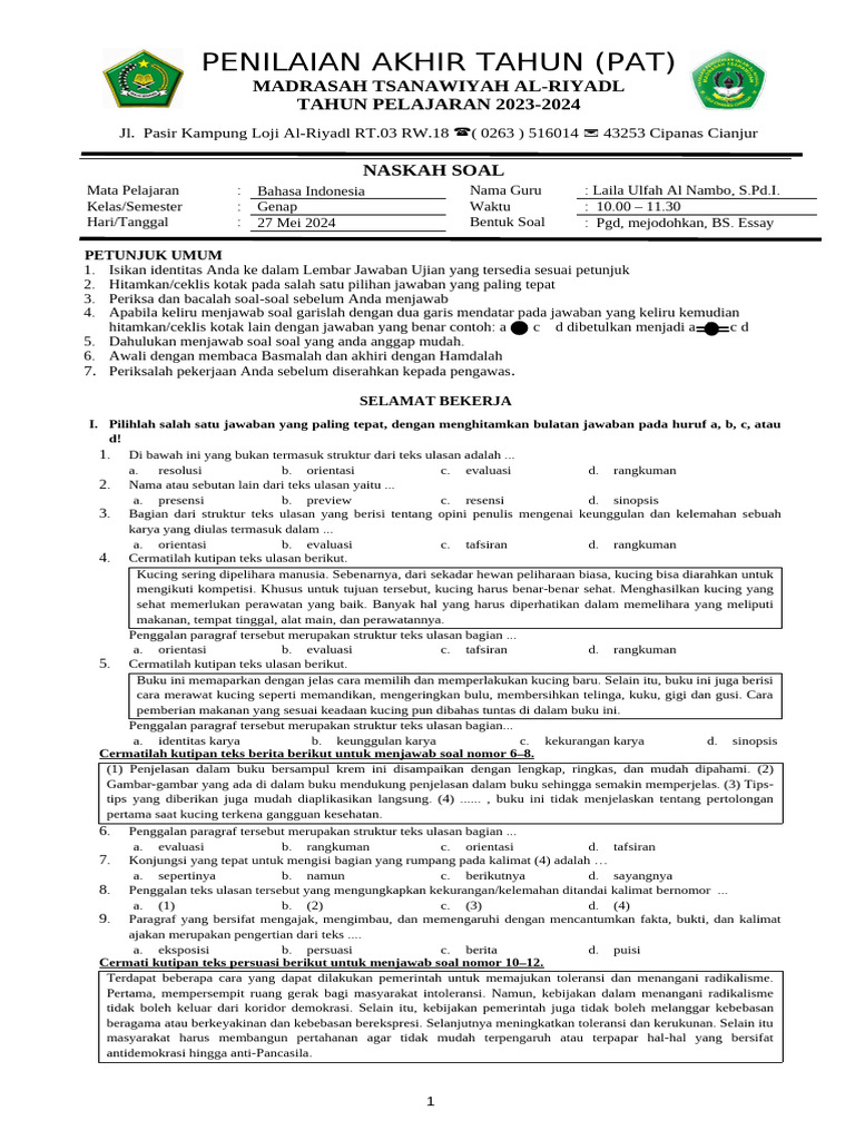 Soal Pat Bindo Genap 2324 | PDF