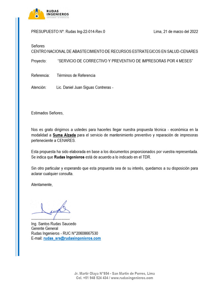 Propuesta RI-22-017-Rev.0 - Servicio de Mantto impresoras | PDF