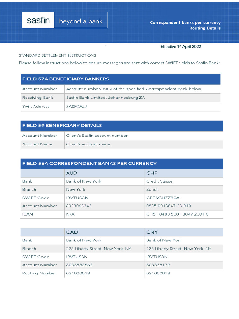 Standard Settlement Instructions - Effective 1st April 2022 | PDF