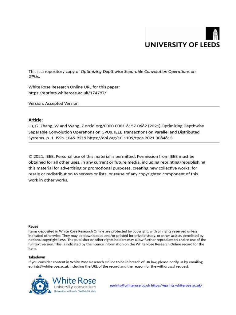 This Is A Repository Copy Of Optimizing Depthwise Separable Convolution Operations On Gpus Pdf
