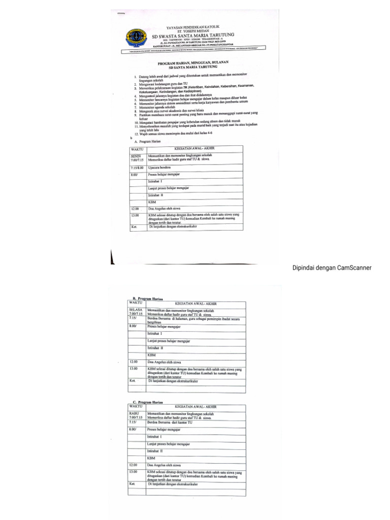 Program Harian, Mingguan, Bulanan - SD SANTA MARIA TARUTUNG | PDF