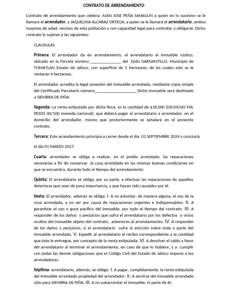 Contrato de Arrendamiento Parcelario Juan Jose Peña Sahagun | PDF