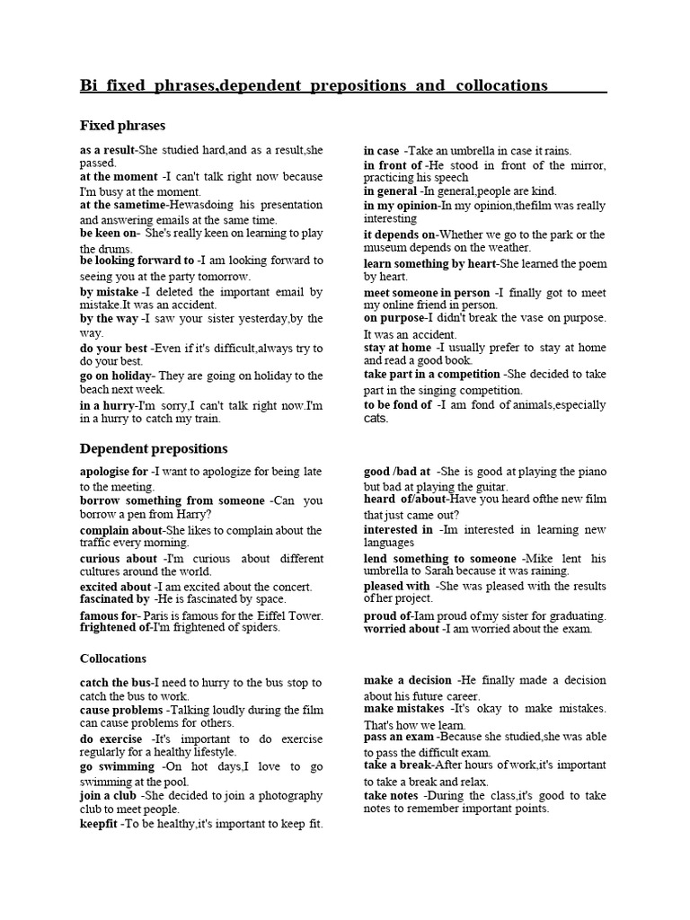 B1 Fixed Phrases Dependent Prepositions and Collocations List | PDF