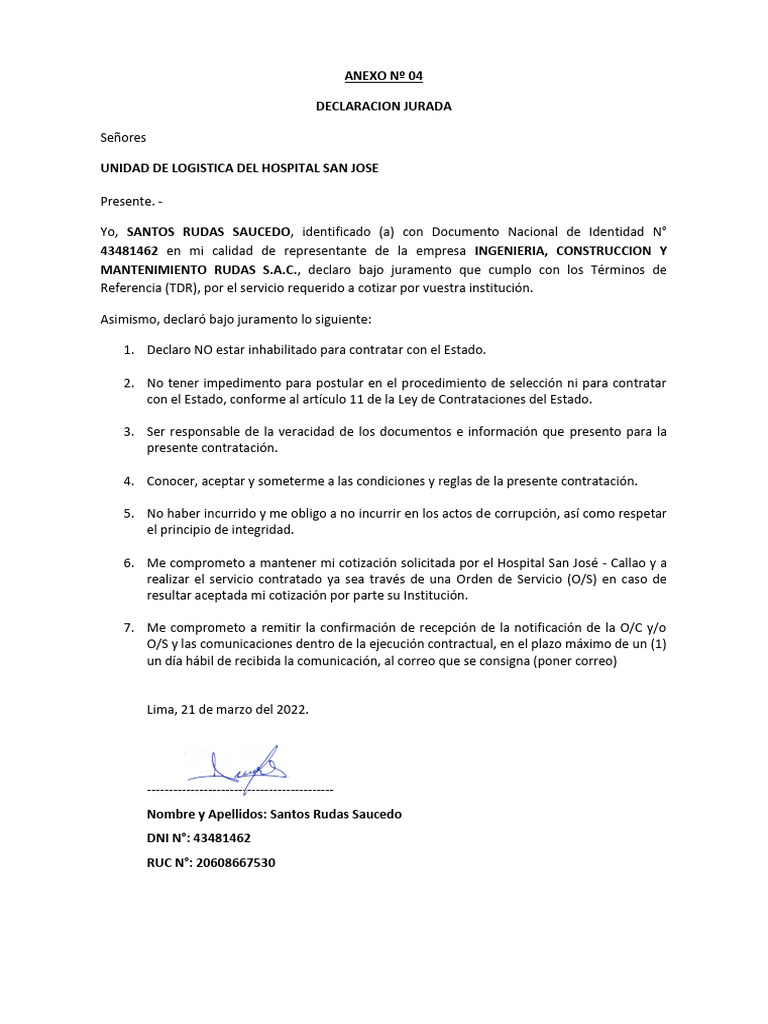 Anexo N 04 - Formato Declaracion Jurada - Servicio | PDF