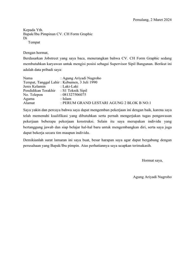 Surat Lamaran Pekerjaan CV. CH Form Graphic | PDF