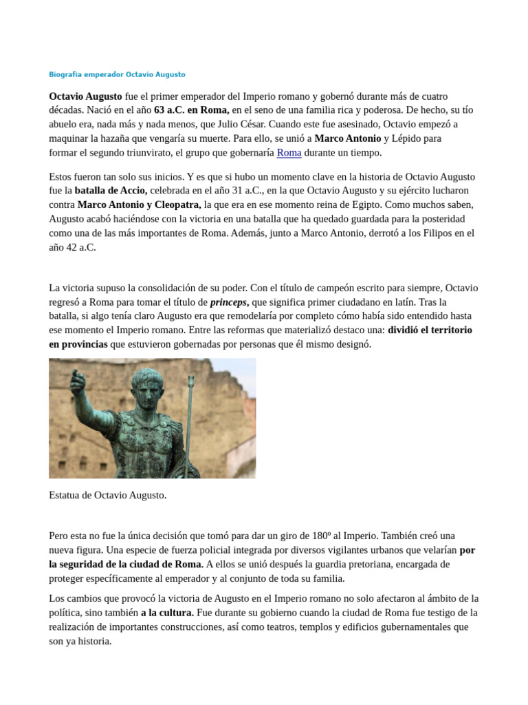 Biografía de Octavio Augusto, primer emperador | PDF | Augusto ...