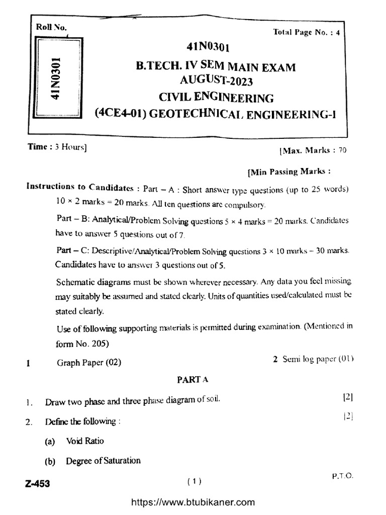 Btech Ce 4 Sem Geotechnical Engineering 1 41n0301 Aug 2023 | PDF
