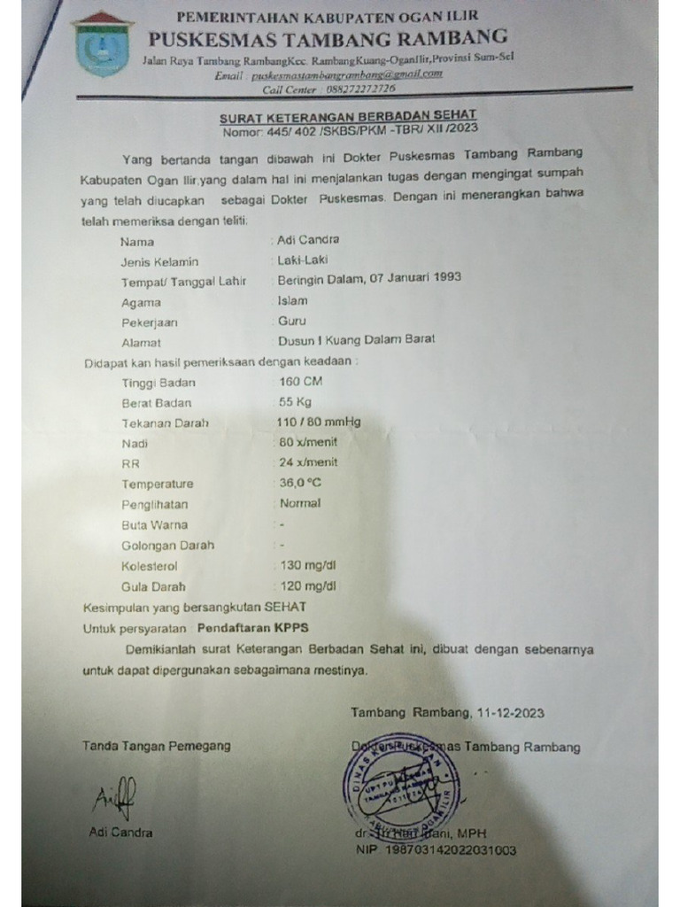 Surat Kesehatan Adi Candra Kpps | PDF