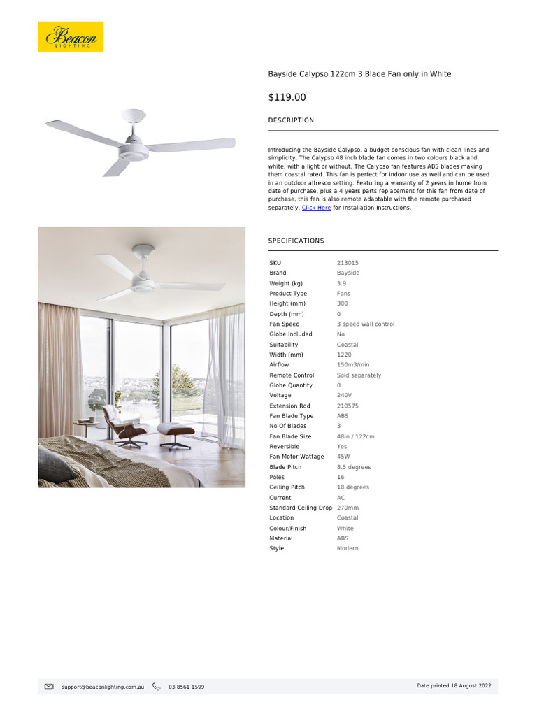 Bayside Calypso 122cm 3 Blade Fan Only in White | PDF | Equipment ...