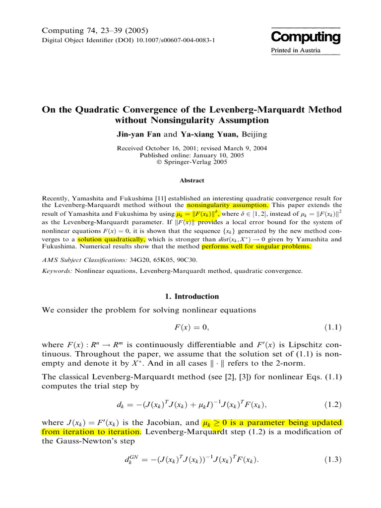 On The Quadratic Convergence of The Levenberg-Marquardt Method Without Nonsingularity Assumption ...