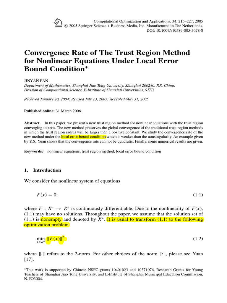 Convergence Rate of The Trust Region Method For Nonlinear Equations Under Local Error Bound ...