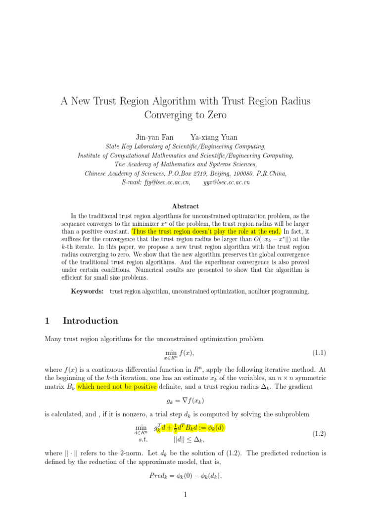 A New Trust Region Algorithm With Trust Region Radius Converging To Zero | PDF