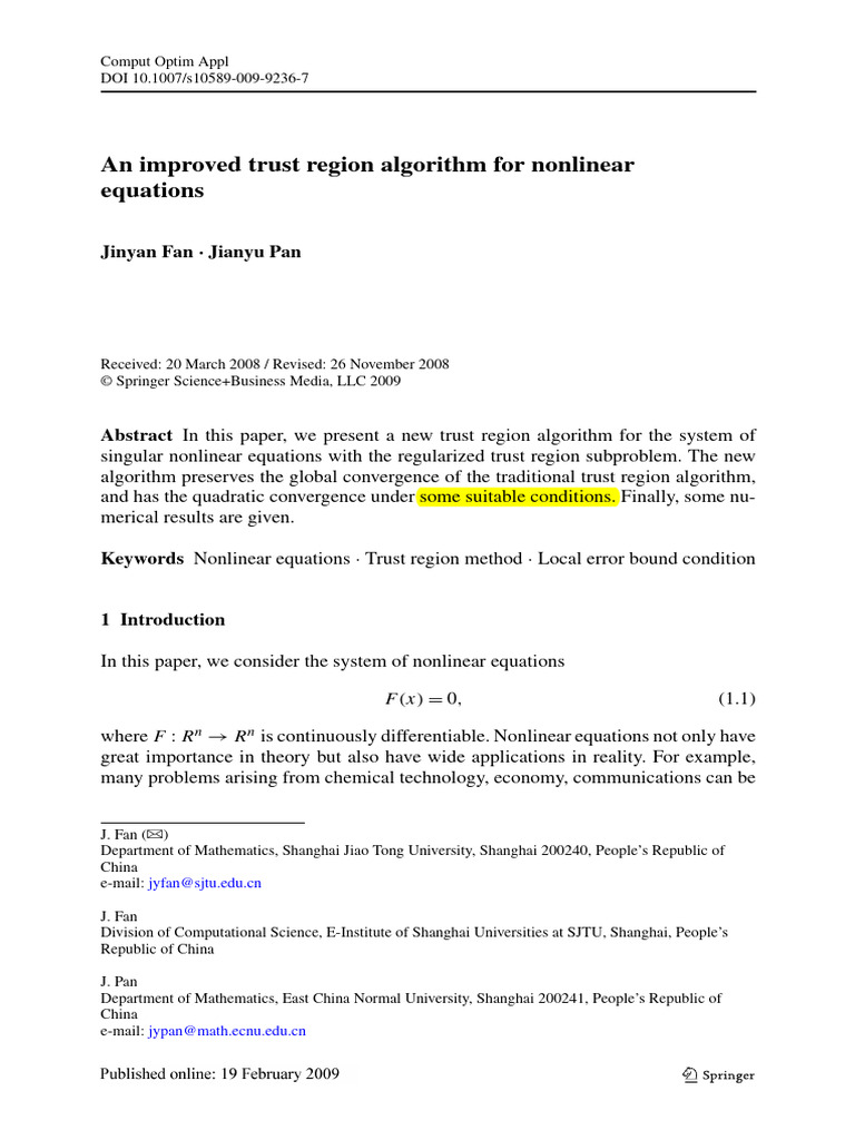 An Improved Trust Region Algorithm For Nonlinear Equations | PDF