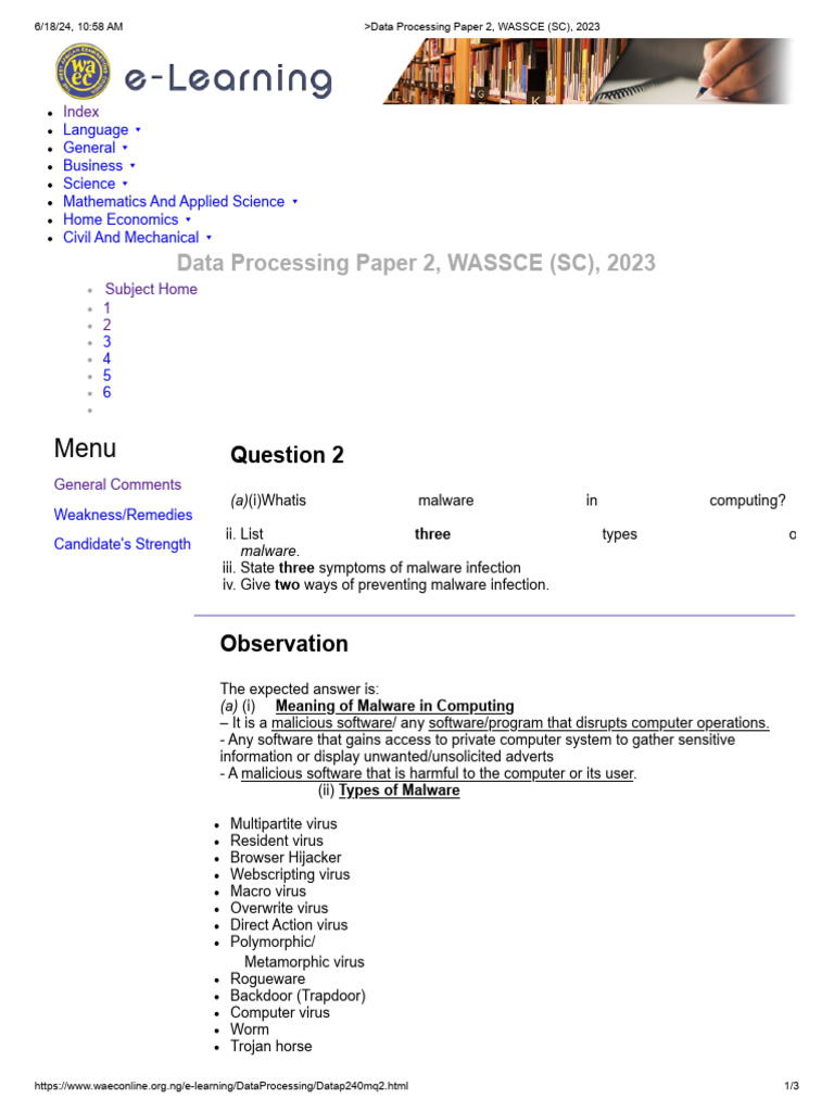Wassce Waec 2023 Data Processing Paper 2 Past Questions and Answer PDF | PDF | Malware | Games ...