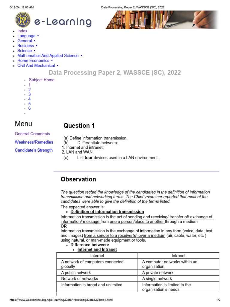 Wassce Waec 2022 Data Processing Paper 2 Past Questions and Answers PDF ...