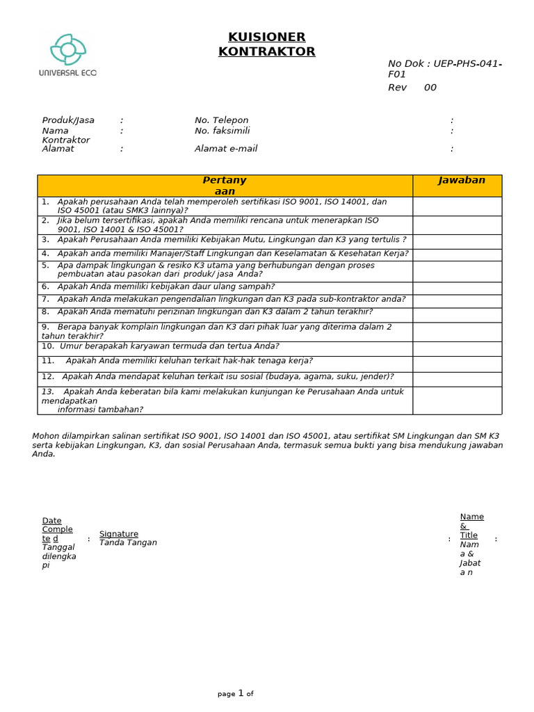 UEP-PHS-041-F01 Form Kuisioner Kontraktor | PDF