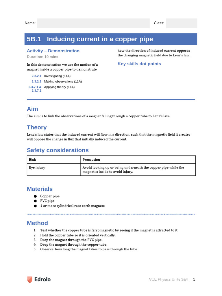 Activity 5B Inducing Current in A Copper Pipe Edrolo | PDF