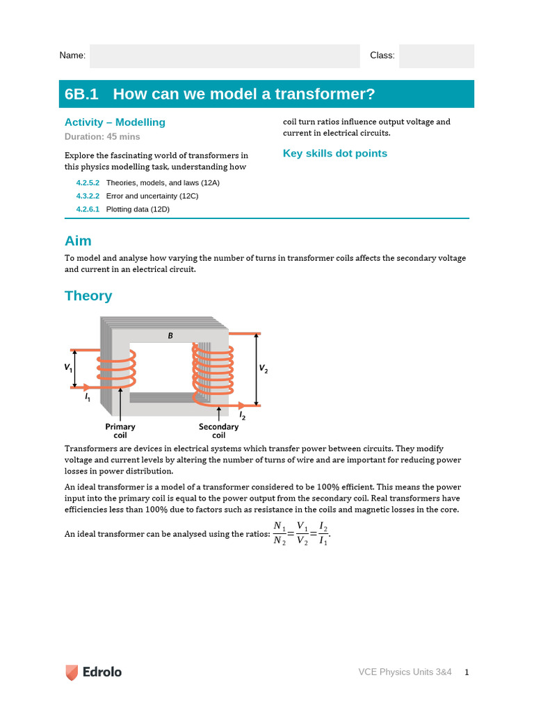 Activity 6B.1 How Can We Model A Transformer Edrolo | PDF