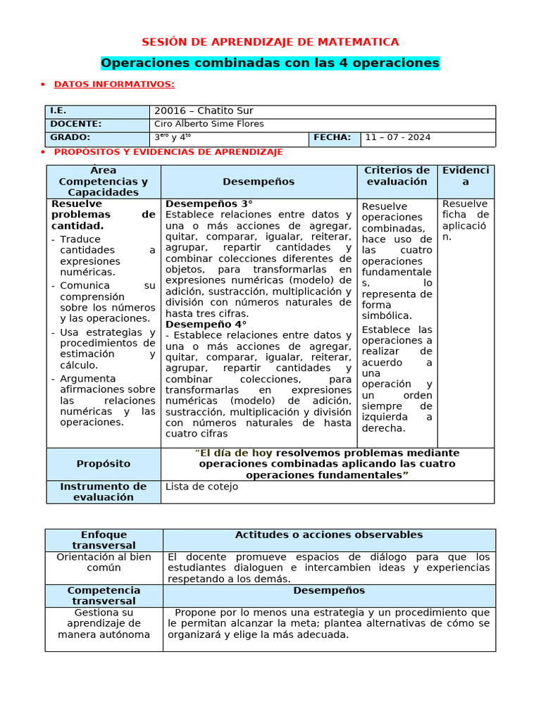 Iv Ses Mate Juev 4 Operaciones Combinadas | PDF Iv Ses Mate Juev 4 Operaciones Combinadas | PDF