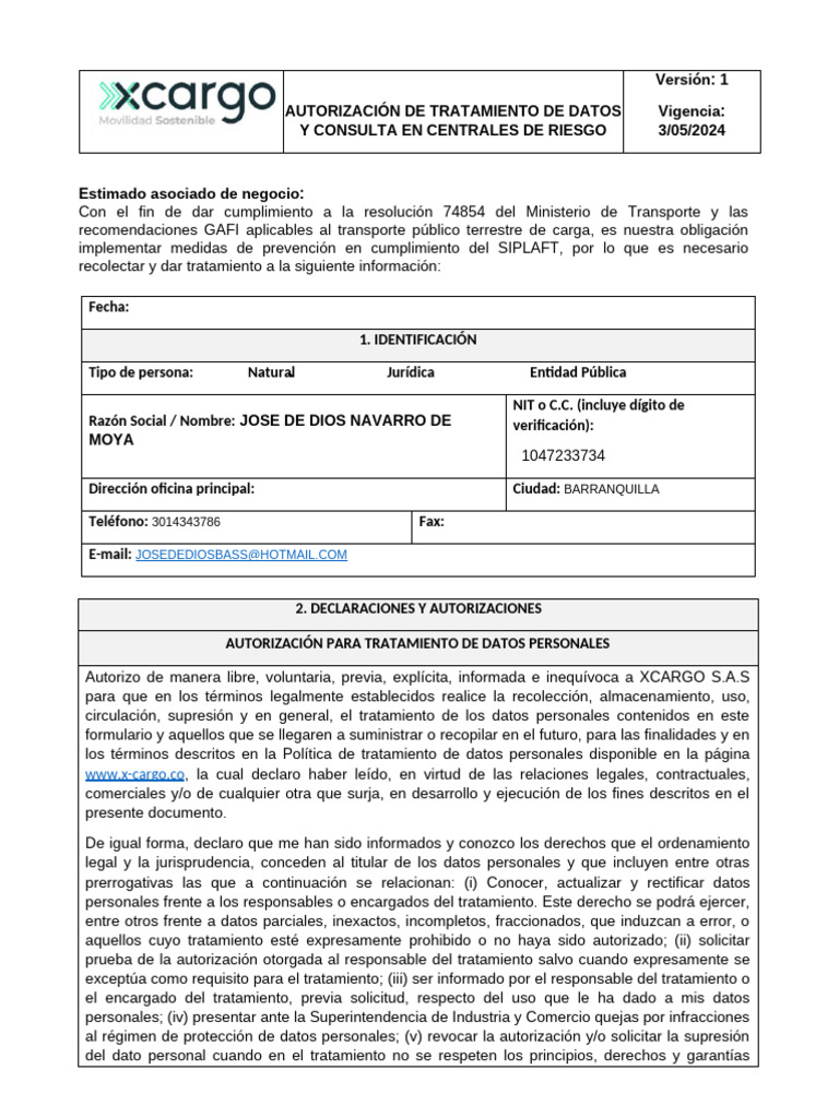 Formato - Autorización de Tratamiento de Datos y Consulta en Centrales de Riesgo | PDF