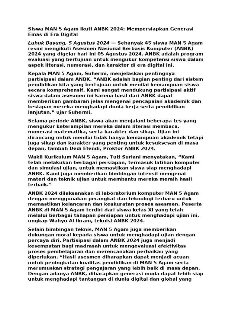 Siswa MAN 5 Agam Ikuti ANBK 2024 | PDF