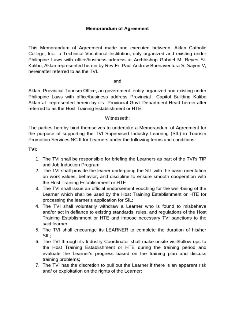 Memorandum of Agreement Sil Government Tps NC II Sil 1 | PDF