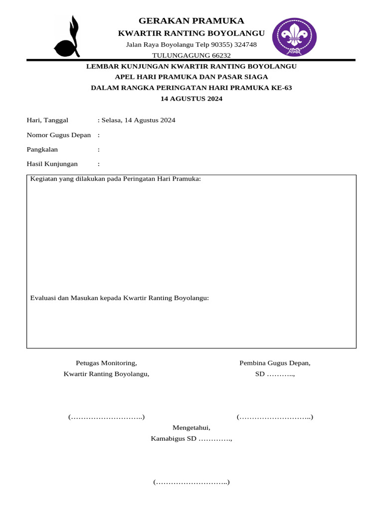 Lembar Kunjungan Kwaran Pada Peringatan hari Pramuka 2024 | PDF Lembar Kunjungan Kwaran Pada Peringatan hari Pramuka 2024 | PDF