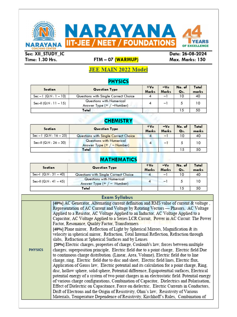 Xii Study Ic Ftm-07 Warmup Qp. | PDF