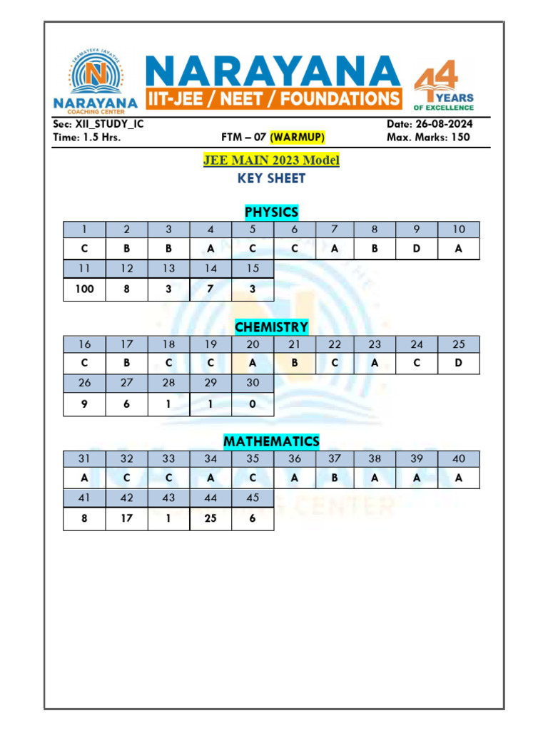 Xii Study Ic Ftm-07 Warmup Key. | PDF