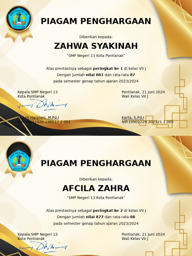 Piagam Penghargaan | PDF