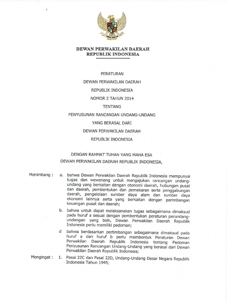 Peraturan DPD RI Nomor 2 Tahun 2014 Tentang Penyusunan RUU Yang Berasal Dari DPD RI | PDF
