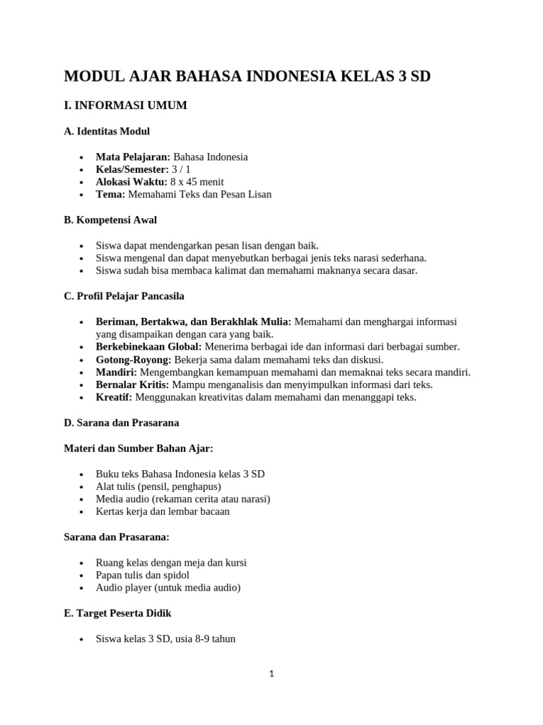 Modul Ajar Bhs. Indonesia Kelas 3 Dan 4 SD | PDF