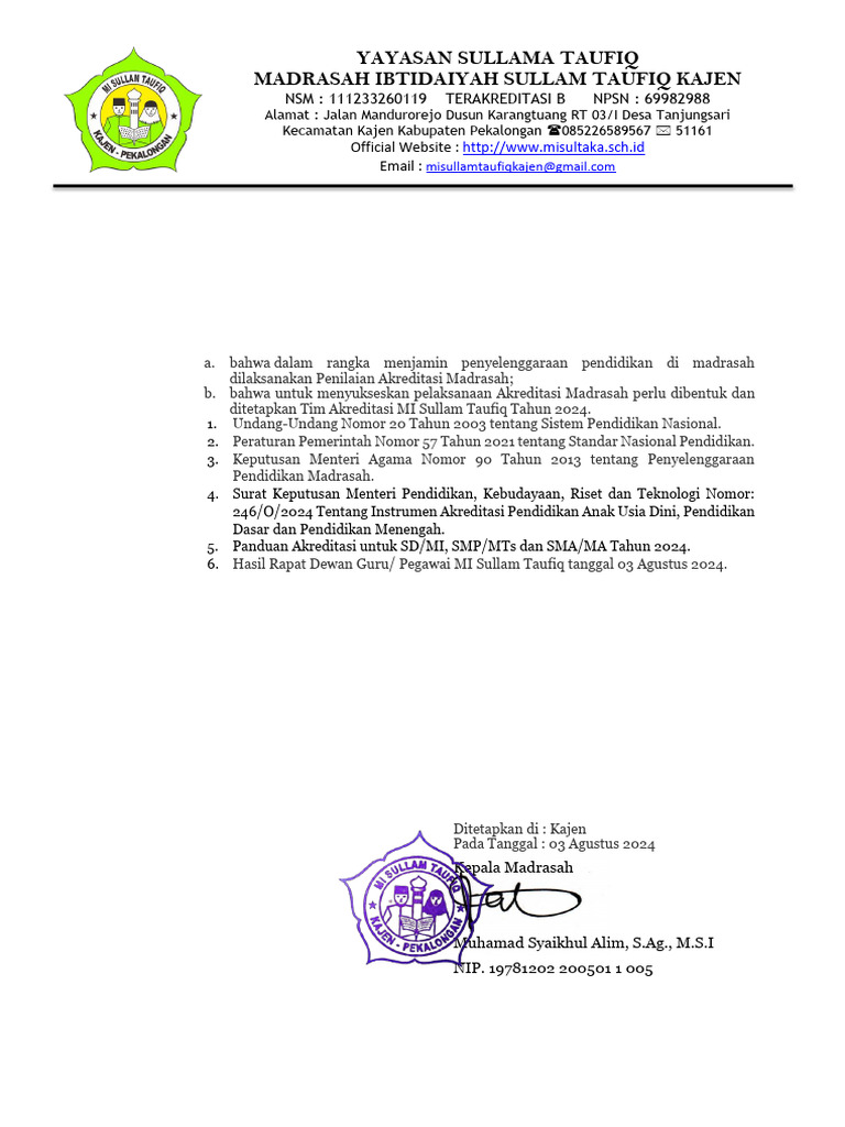 SK Tim Akreditasi 2024 MI Sullam Taufiq Kajen Revisi Sesuai Instrumen Baru 2024 | PDF