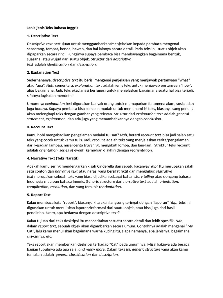 Jenis-Jenis Teks Bahasa Inggris 1. Descriptive Text | PDF