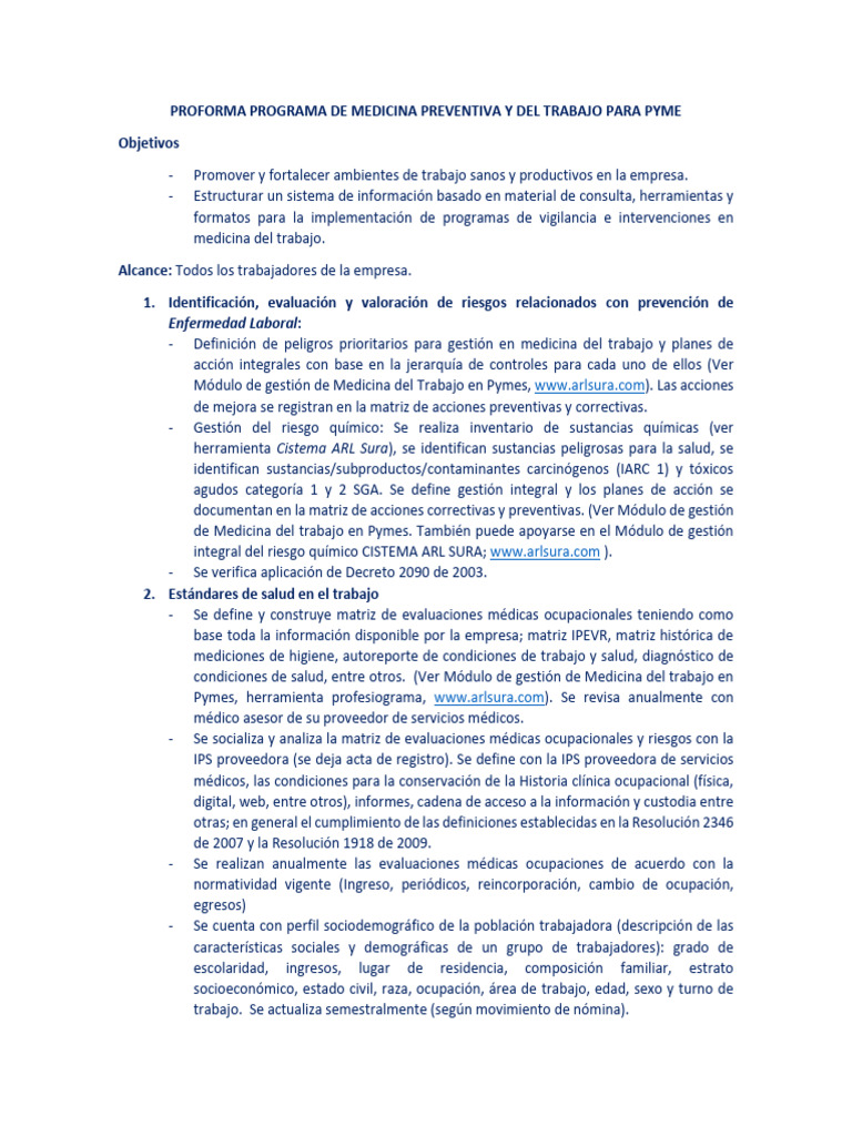 Preforma Programa de Medicina Del Trabajo para PYME | PDF