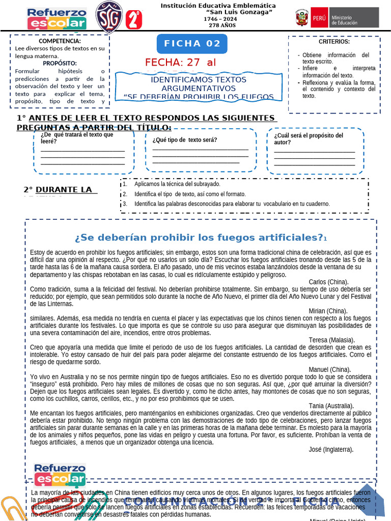 Ficha de Refuerzo 02 - 2do - 2024 | PDF