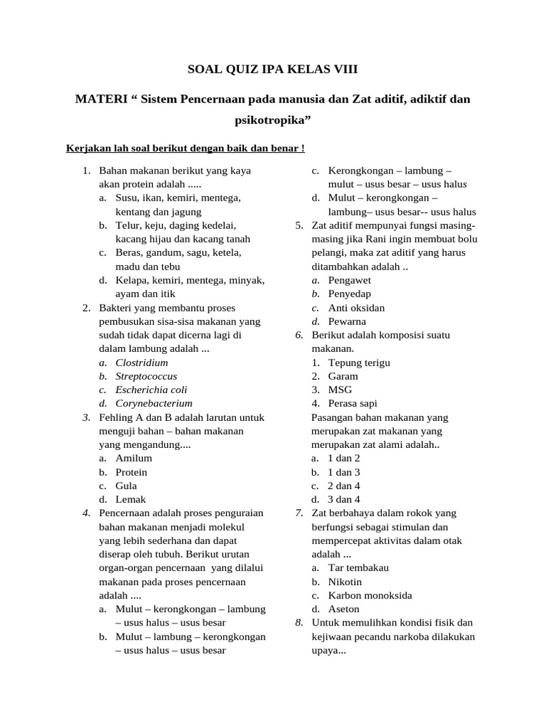SOAL QUIZ IPA KELAS VIII Materi Sistem Pencernaan Dan Zat Aditif | PDF