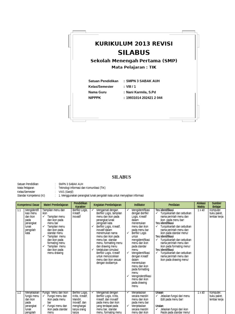 Silabus TIK Kelas 8 (8 Kolom) | PDF