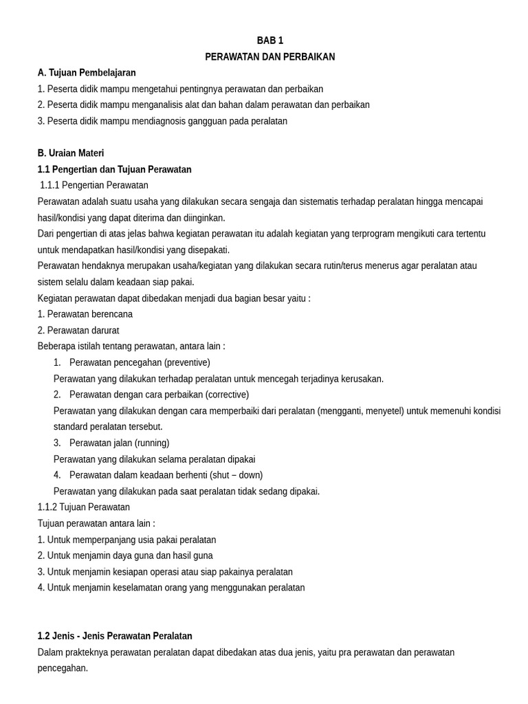 Bab 1 Perawatan Dan Perbaikan A. Tujuan Pembelajaran | PDF