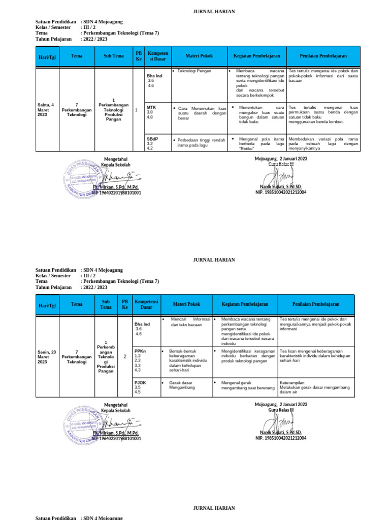 Jurnal Kelas 3 Tema 7 | PDF