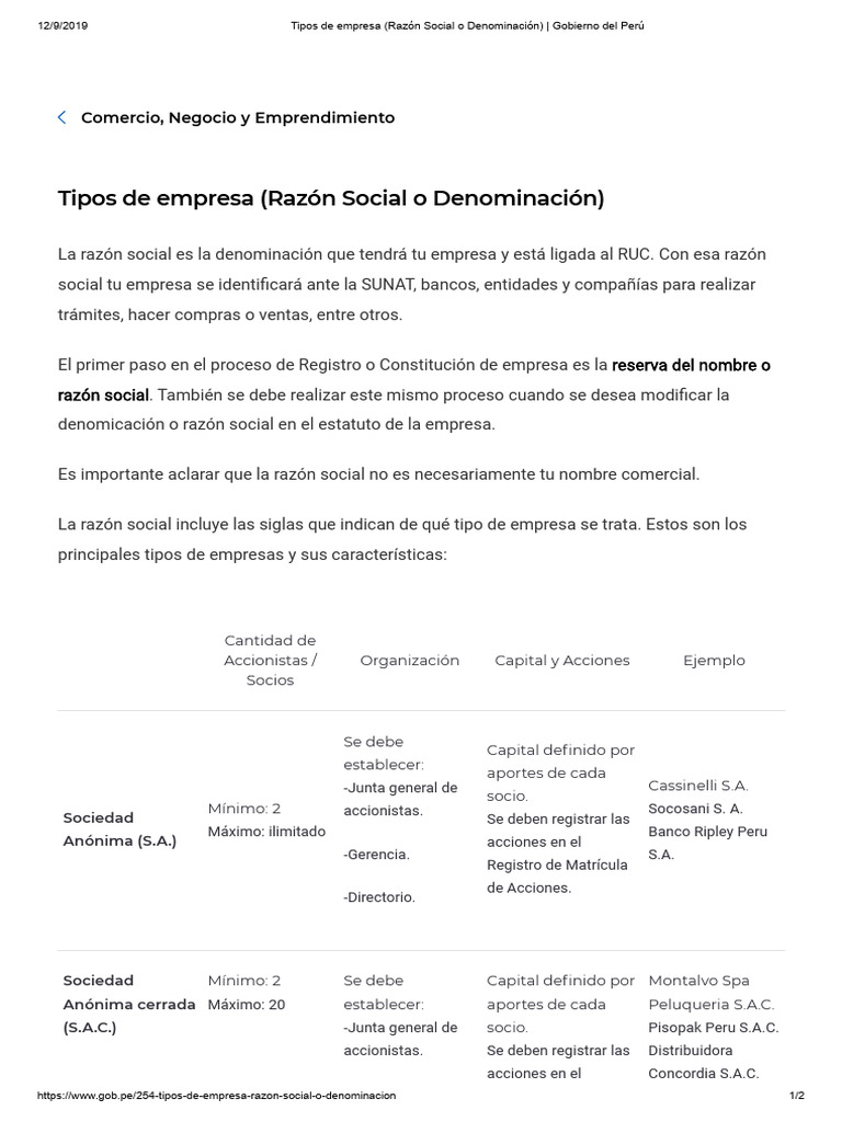 Tipos de Empresa (Razón Social o Denominación) - Gobierno Del Perú ...