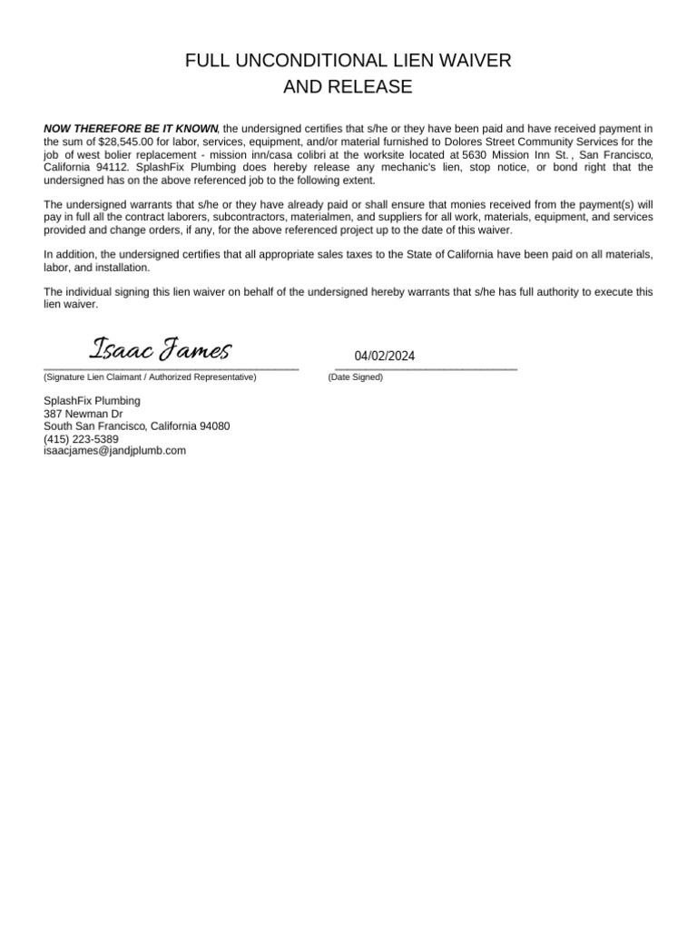 Lien Waiver Sample | PDF