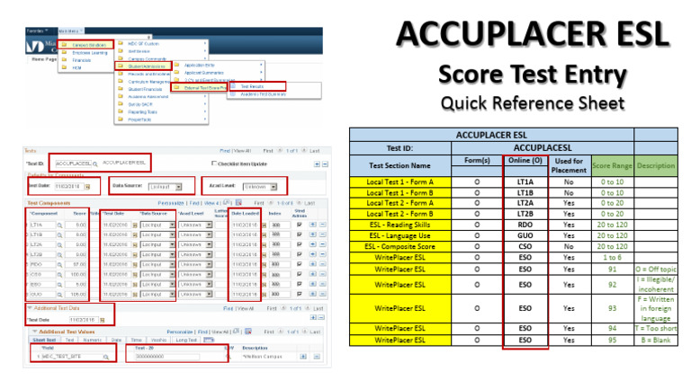 ACCUPLACER ESL Test Entry Quick Reference Sheet - tcm6-104221 | PDF