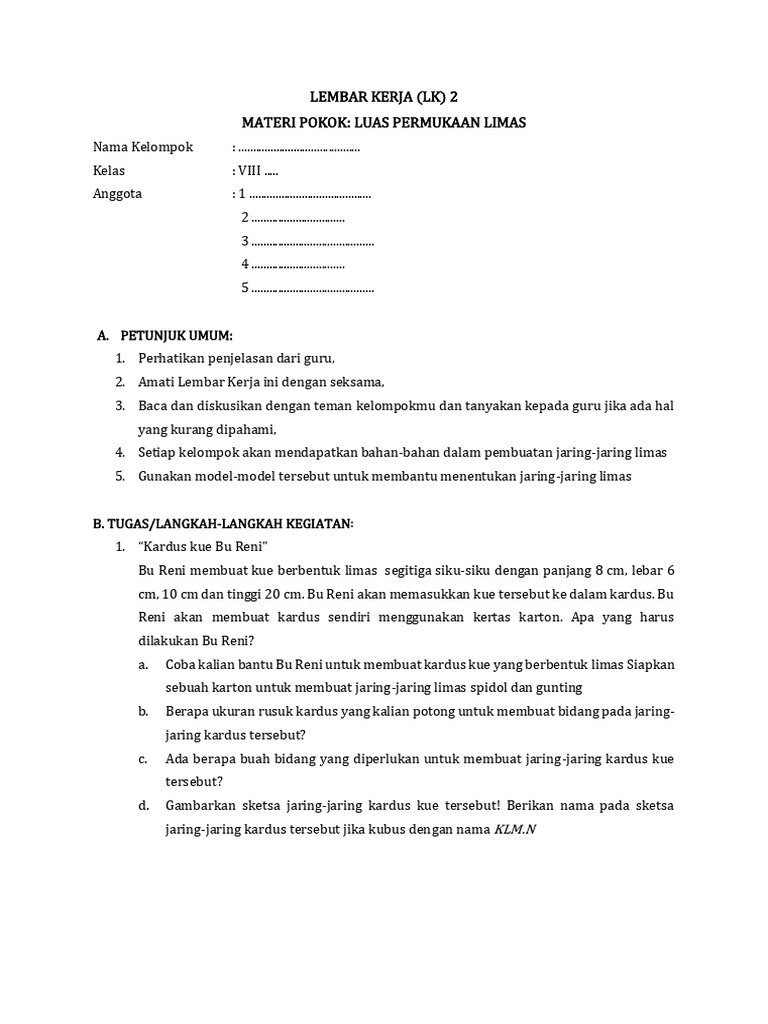 Lembar Kerja 2 Luas Permukaan Limas - Luas Permukaan Prisma Dan Limas | PDF