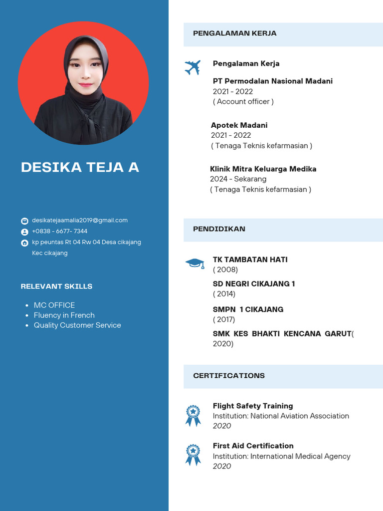Blue Light Blue Color Blocks Flight Attendant CV | PDF