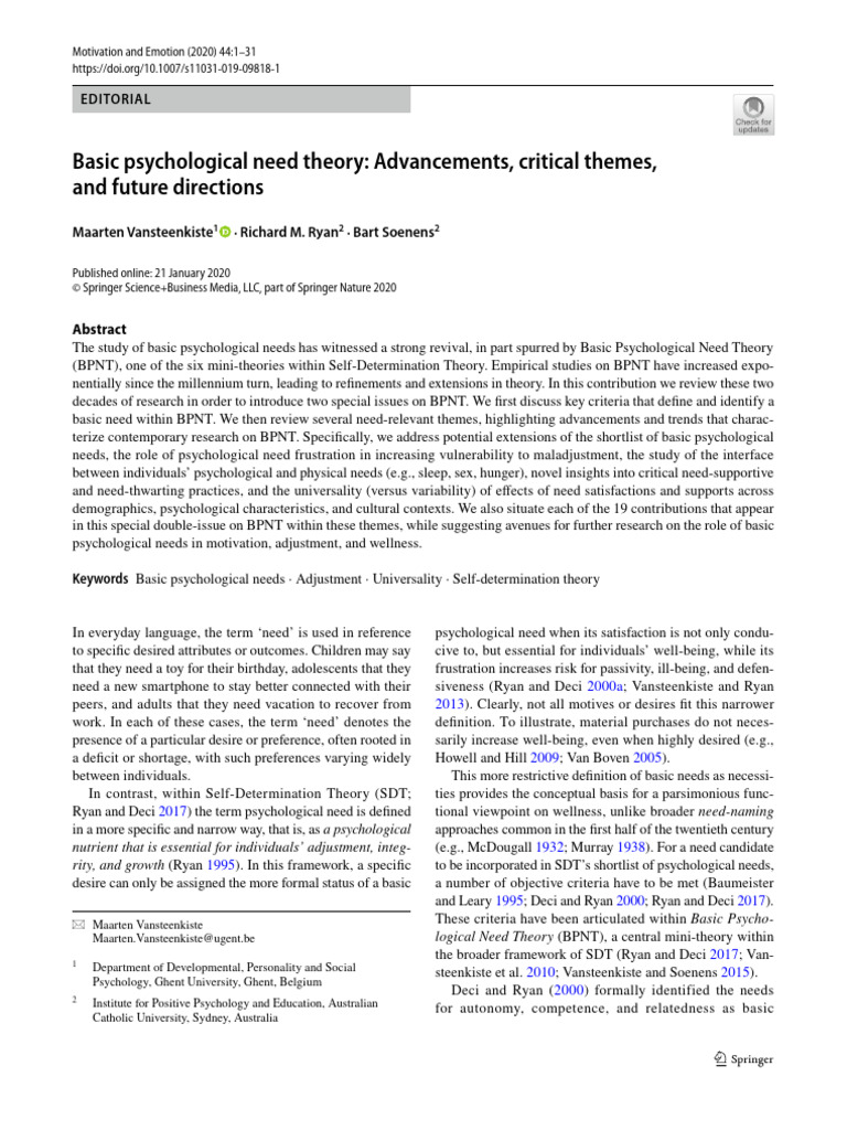 Basic Psychological Need Theory: Advancements, Critical Themes, and ...