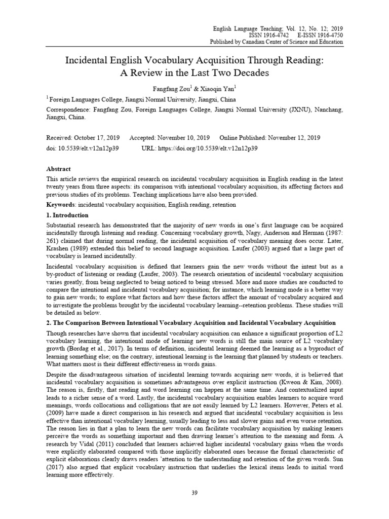 Incidental English Vocabulary Acquisition Through Reading: A Review in ...