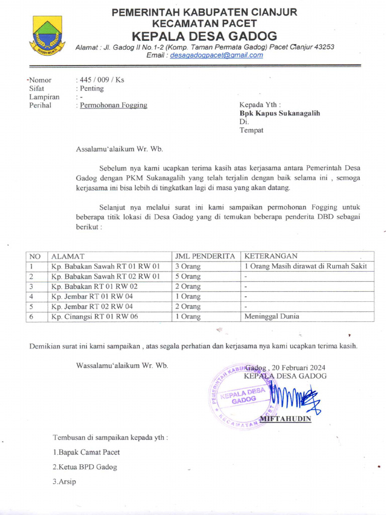 Surat Permohonan Fogging Desa Gadog | PDF