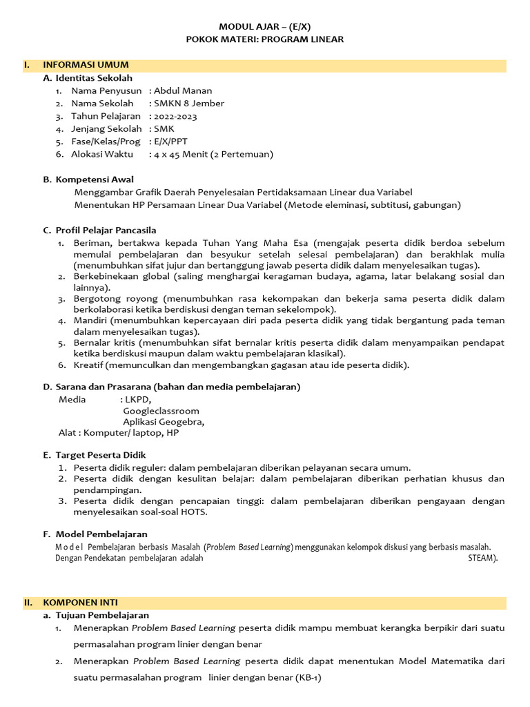 Modul Ajar Program Linear | PDF