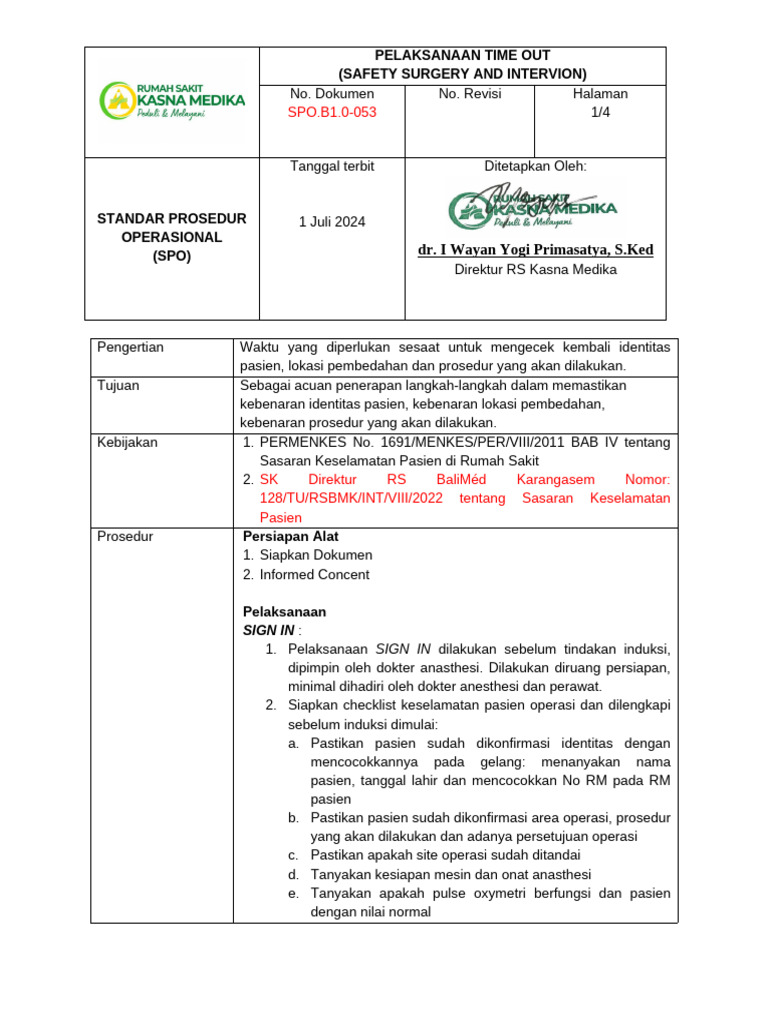 Pelaksanaan Time Out | PDF